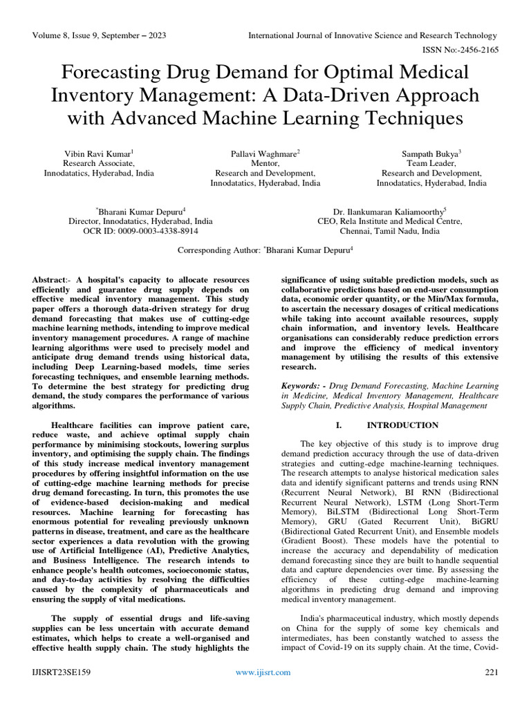 Forecasting Drug Demand For Optimal Medical Inventory Management: A Data-Driven Approach With ...