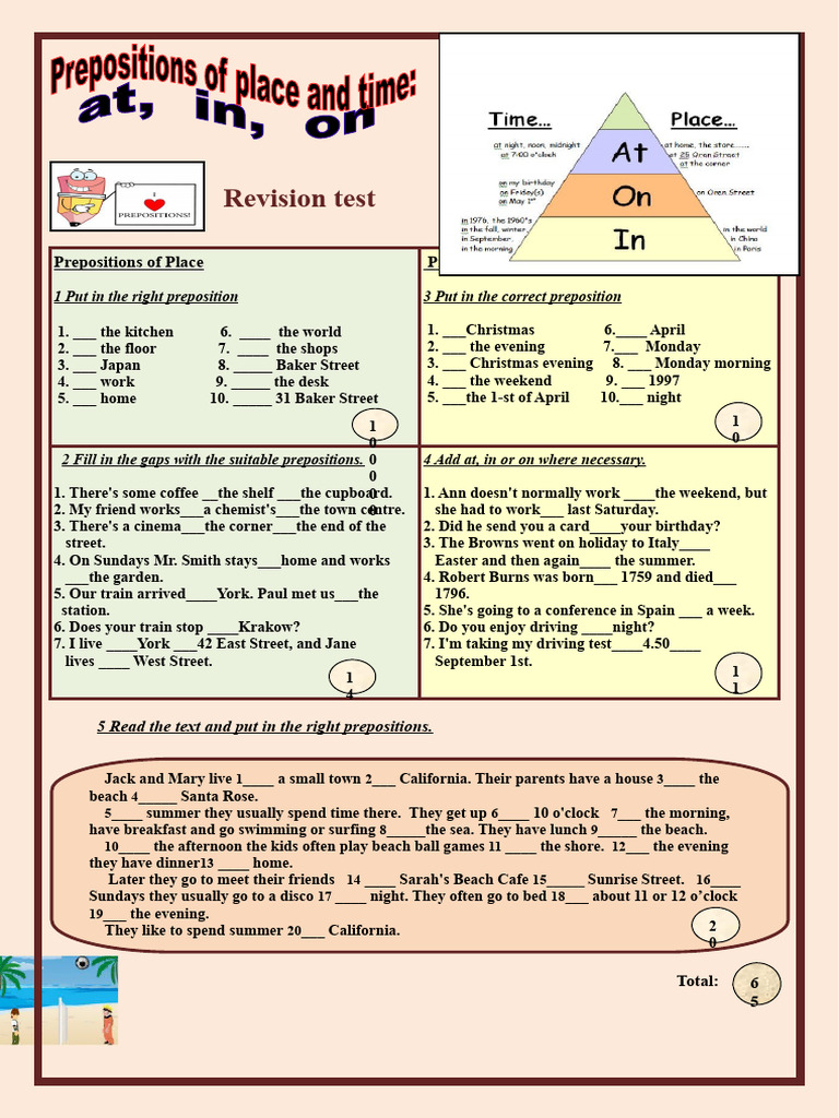 Prepositions of Time and Place Exercises | PDF