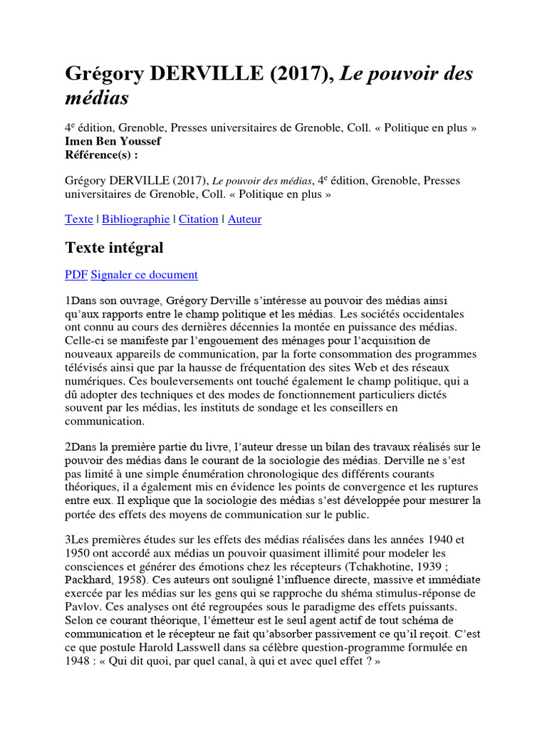 Grégory DERVILLE Pouvoir Des Medias | PDF | Sondage d'opinion | Média ...