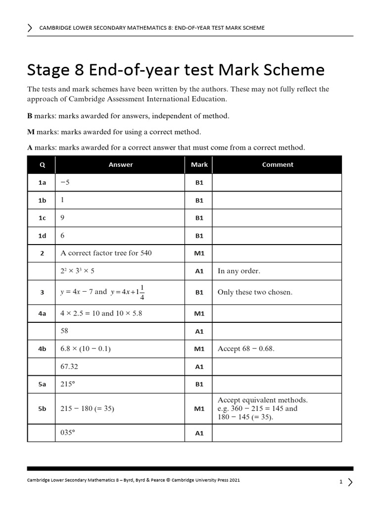 Year 8 Maths End-of-Year Test Mark Scheme | PDF | Science | Evaluation ...