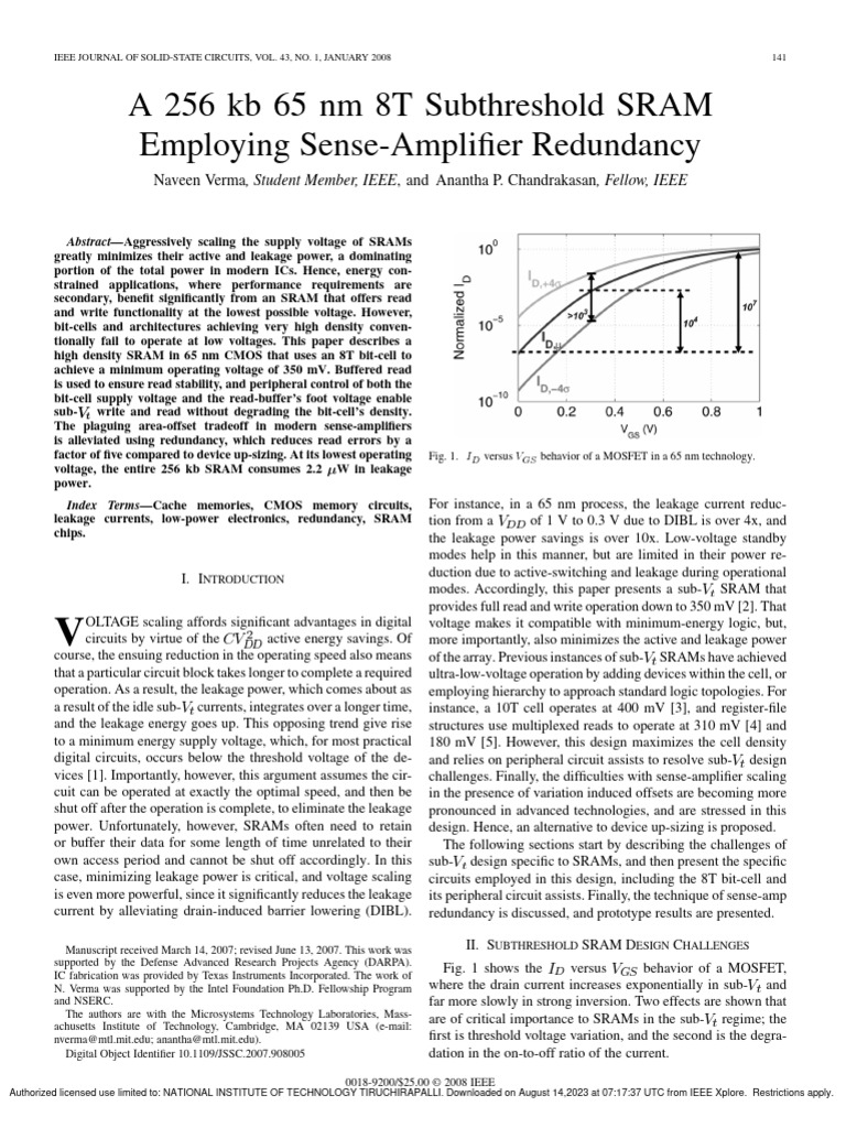 A 256 KB 65 NM 8T Subthreshold SRAM Employing Sense-Amplifier Redundancy | PDF | Mosfet | Cmos