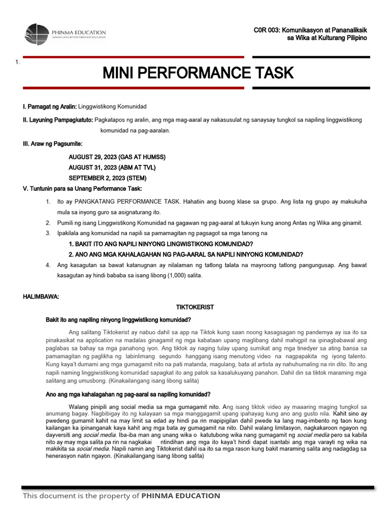 Cor 003 Unang Mini Performance Task Sy2324 | PDF
