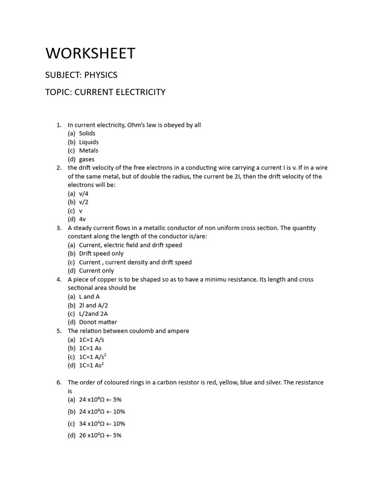 Worksheet - Current | PDF | Series And Parallel Circuits | Electric Current