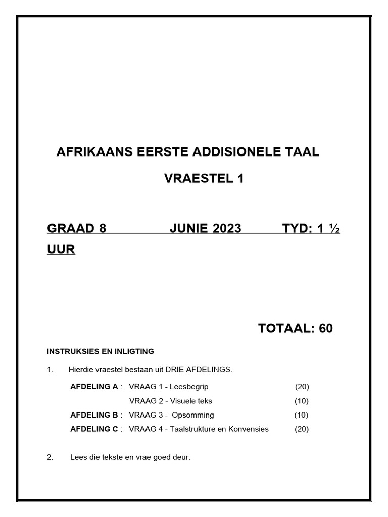 Afrikaans Eerste Addisionele Taal Graad 8 - Junie 2023 | PDF