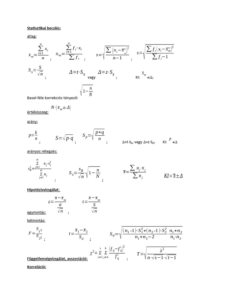 Képletgyűjtemény Statisztika 2. | PDF