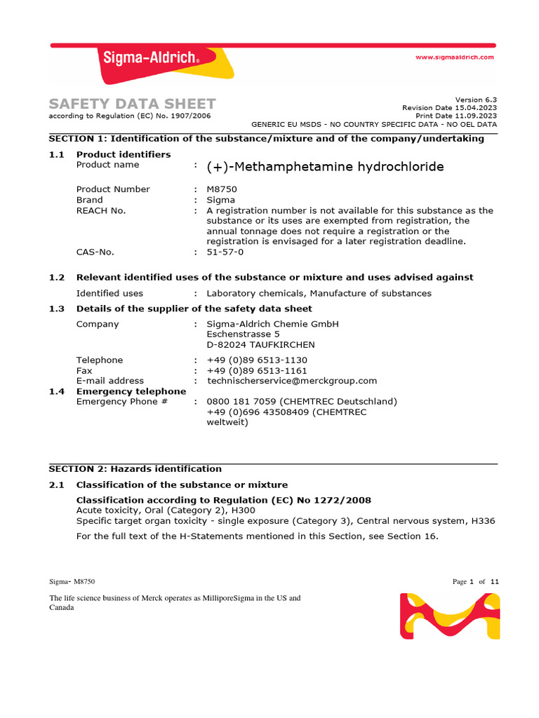 Safety Data Sheet: (+) - Methamphetamine Hydrochloride | PDF | Occupational Safety And Health ...