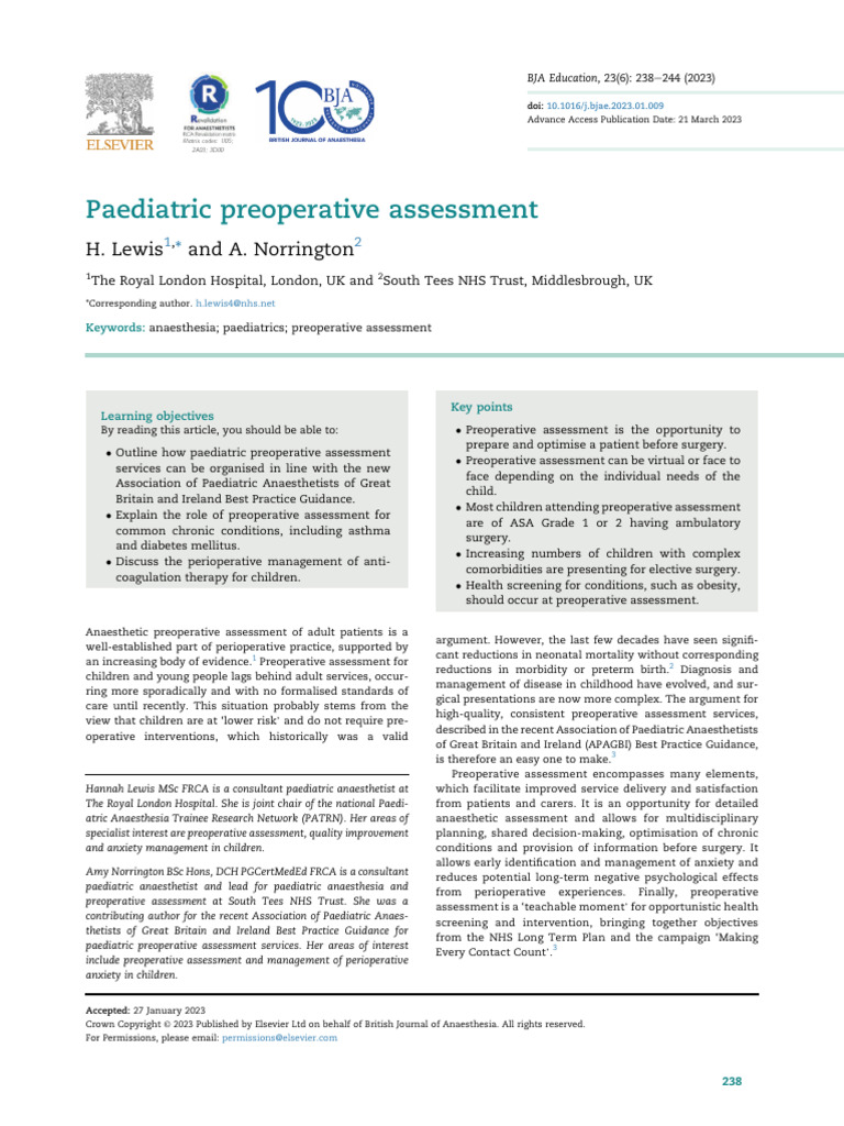 Paediatric-Preoperative-Assessment 2023 Bjae | PDF | Sleep Apnea | Surgery