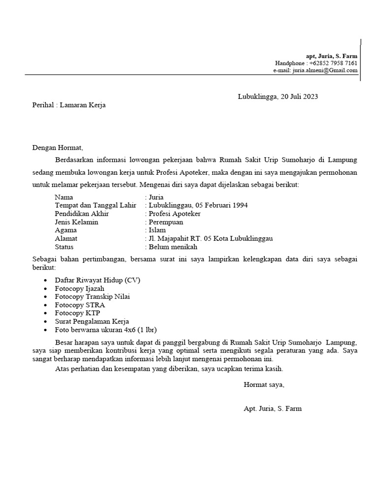 Lamaran Apoteker RS Urip Sumoharjo | PDF