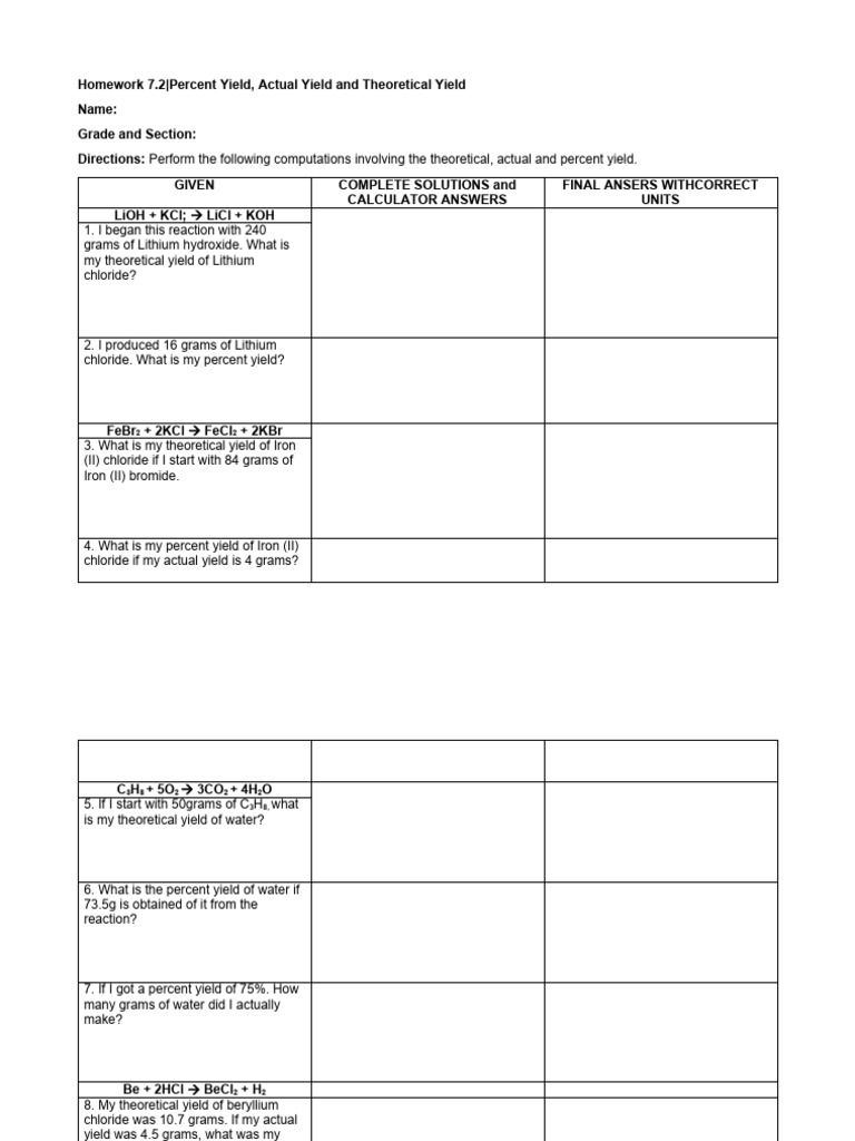 Homework 7.2 Limiting and Excess Reactant | PDF Homework 7.2 Limiting and Excess Reactant | PDF
