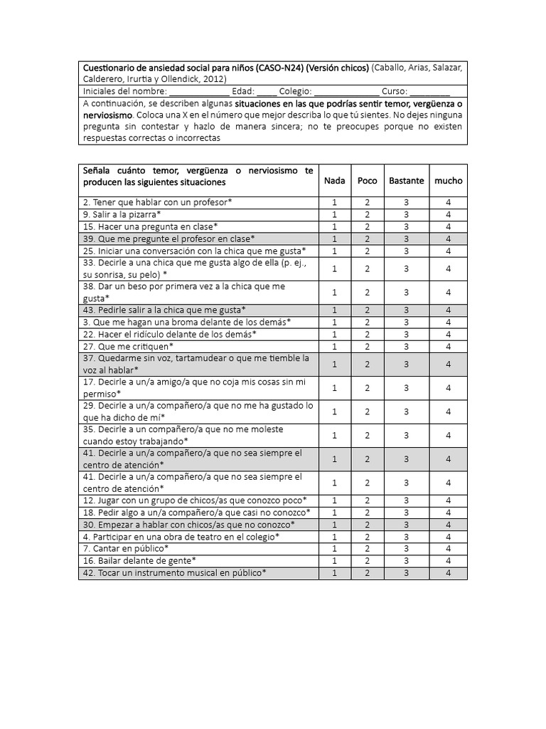 Cuestionario de Ansiedad Social para Niños | PDF