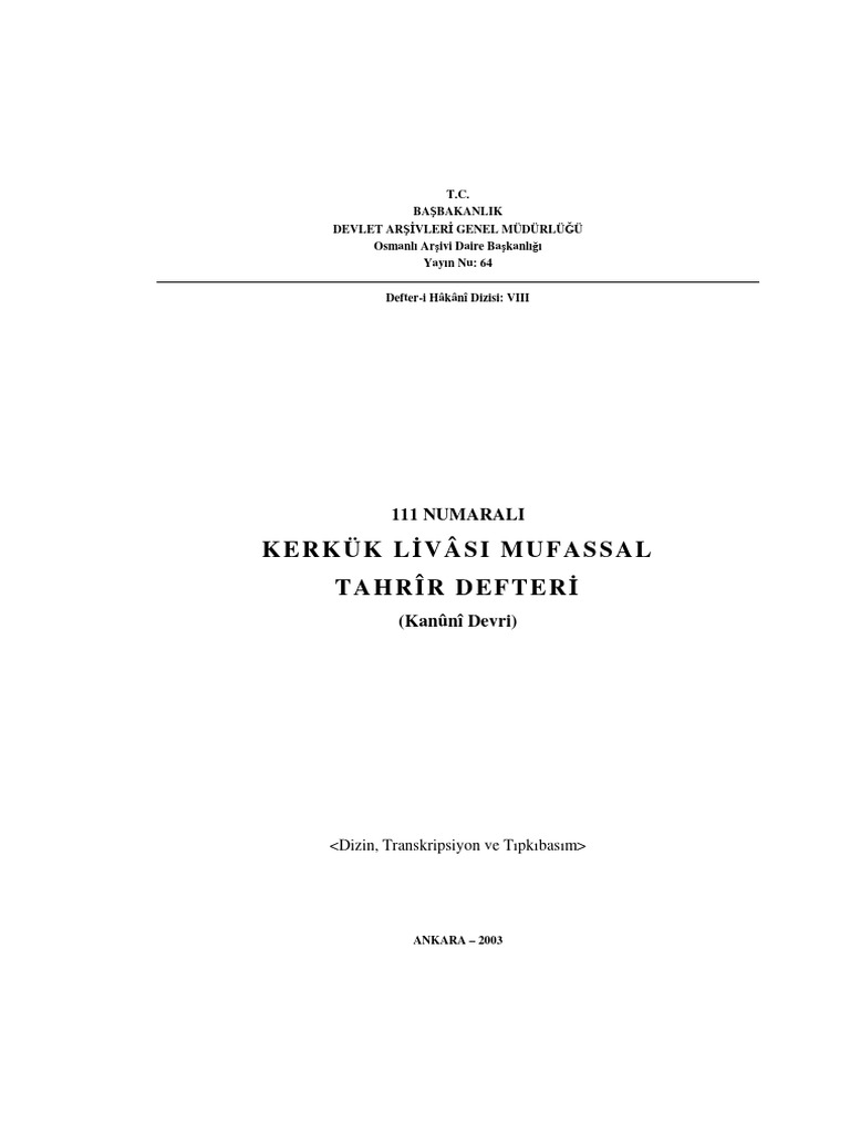 111 Numarali Kerkuk Livasi Mufassal Tahrir Defteri | PDF 111 Numarali Kerkuk Livasi Mufassal Tahrir Defteri | PDF