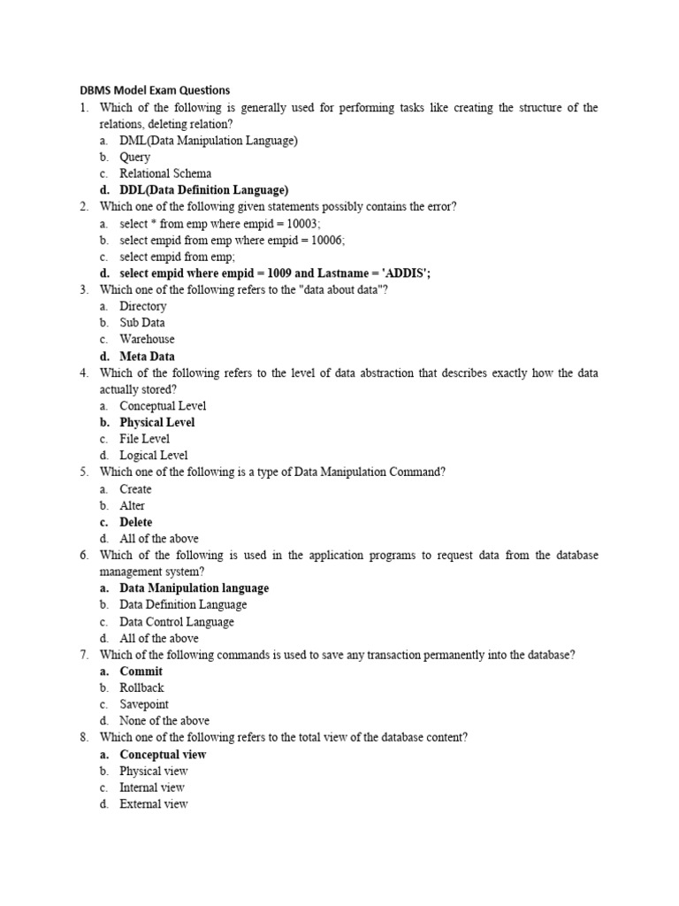 DBMS Model Exam Questions | PDF