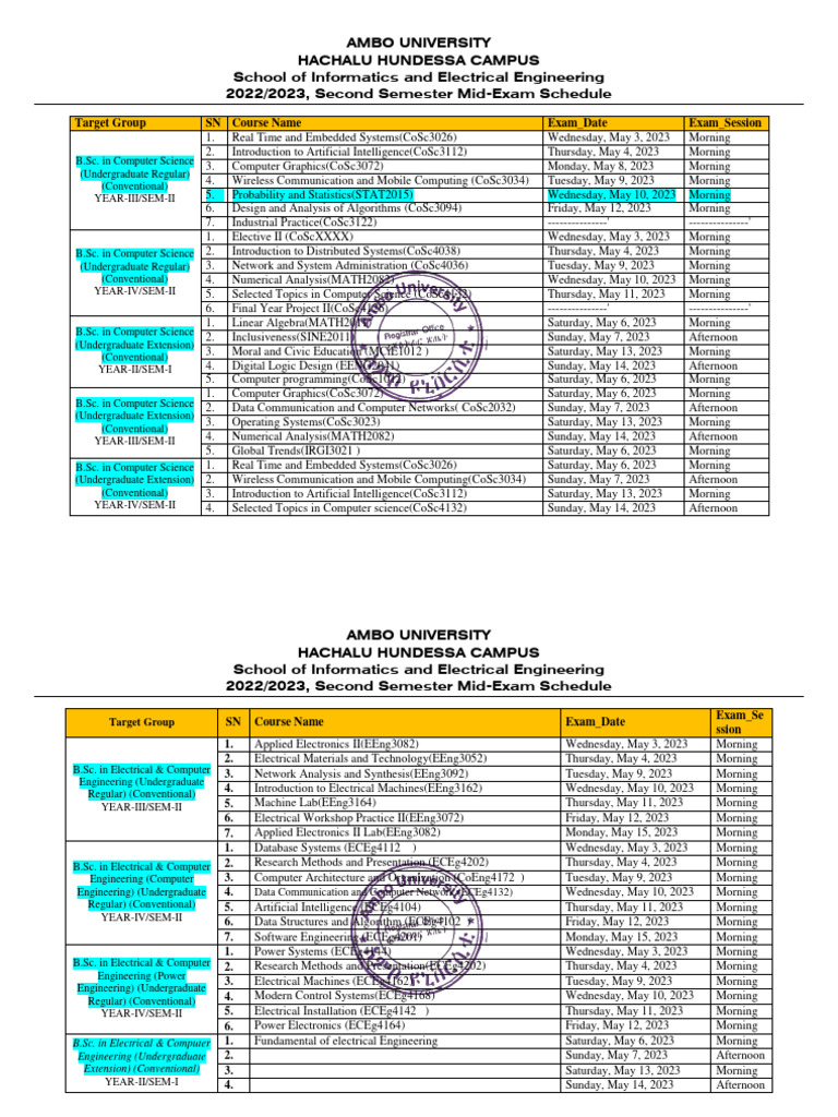 Ambo University 2023 Mid-Exam Schedule | PDF | Computer Science ...
