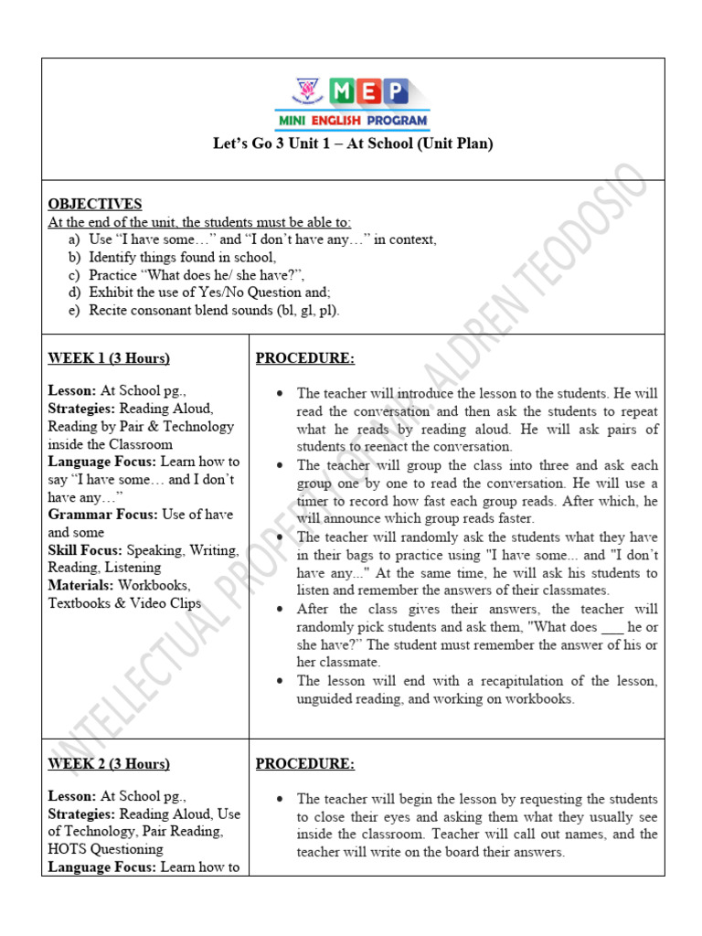 Let's Go 3 Unit 1: At School Plan | PDF | Vocabulary | Communication