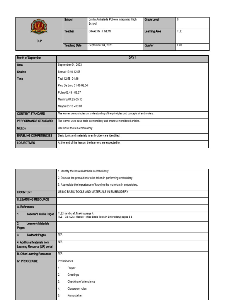 DLP Tle08 q1 w2 Day1 Nemi (Sept. 04) | PDF | Yarn | Weaving