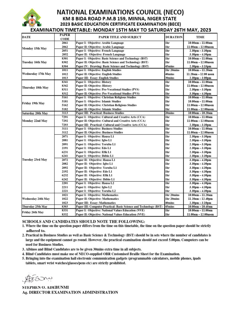 2023 Neco Bece Timetable | PDF