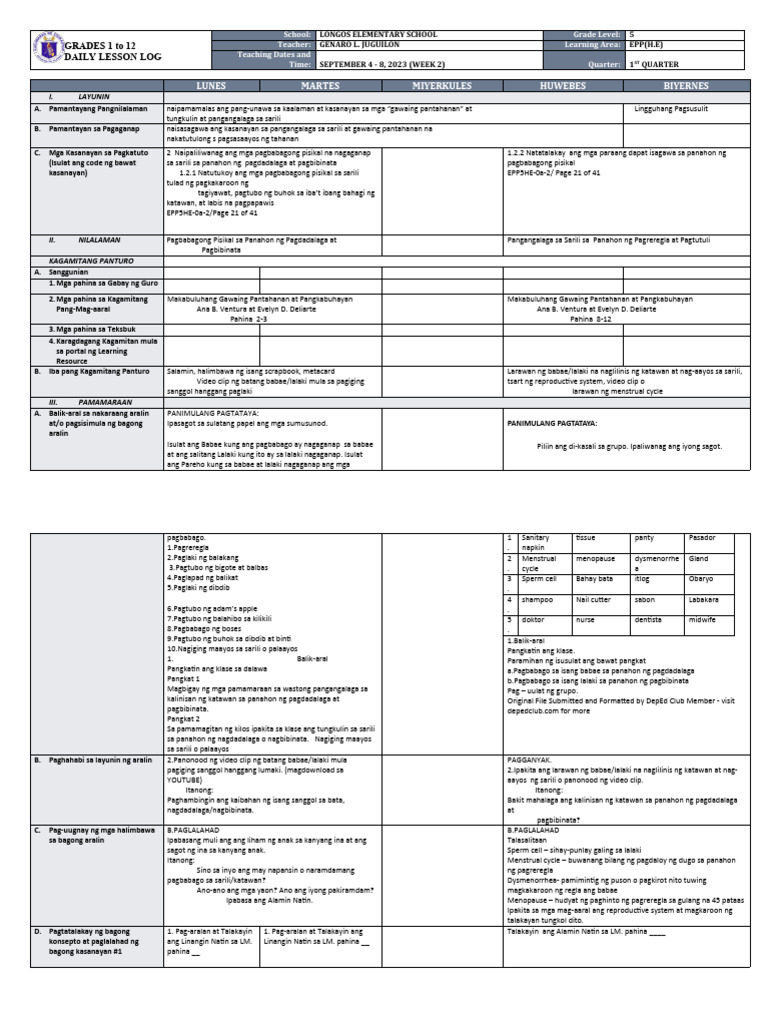 DLL - Epp 5 (H.e) - Q1 - W2 | PDF