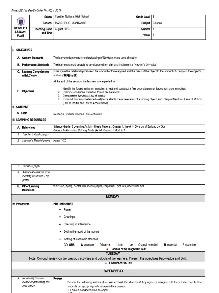 Grade 8 Science: Newton's Laws Lesson Plan | PDF | Force | Acceleration