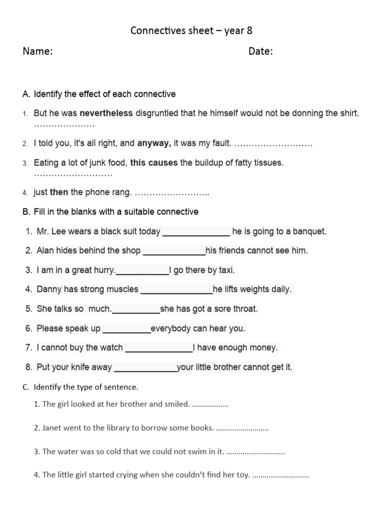 Year 8 Connectives Worksheet | PDF