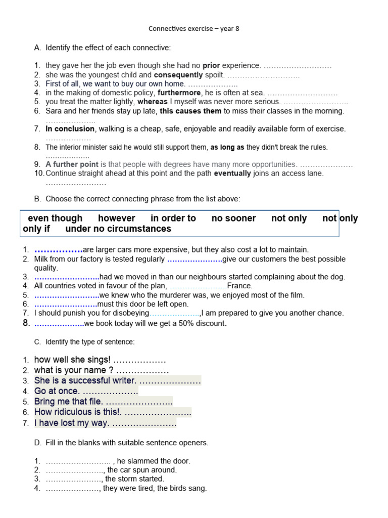 Connectives Exercise 2 Y8 | PDF