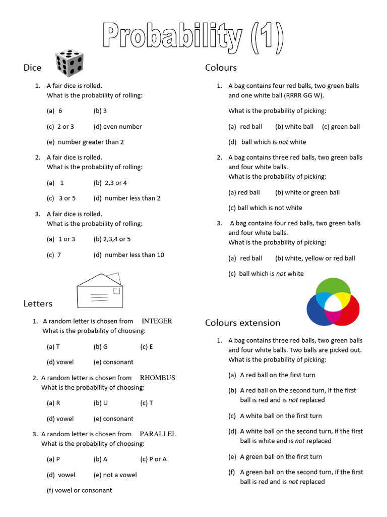 Probability Problems: Dice, Letters, Colors | PDF | Probability | Dice