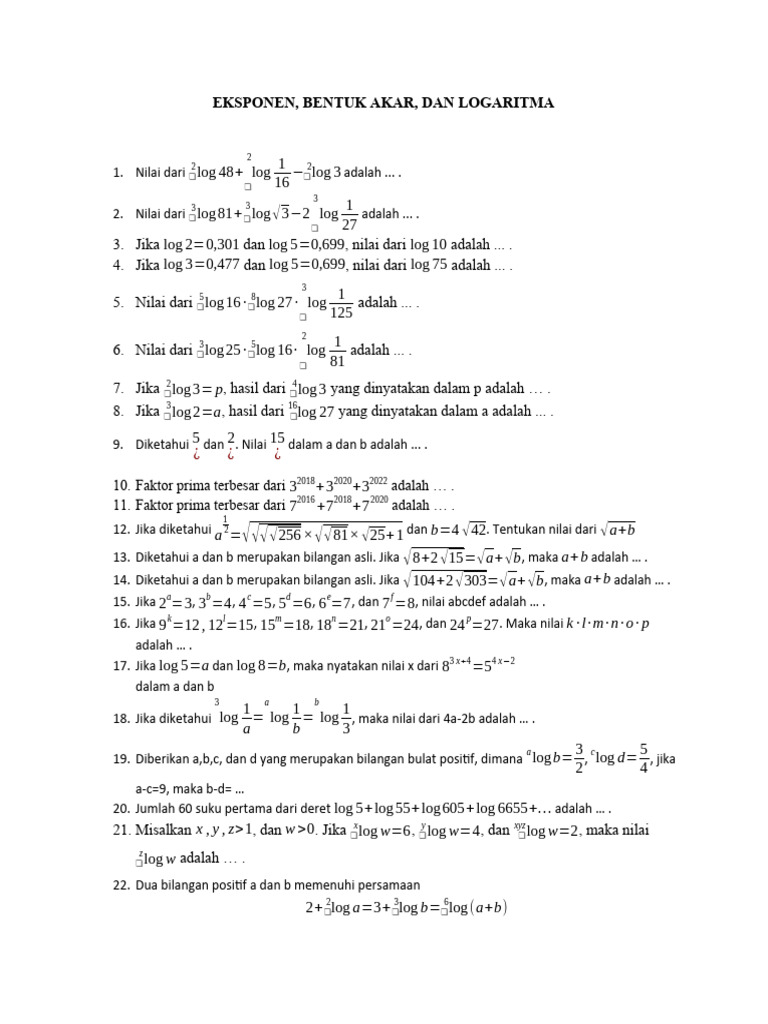 Materi 1 Eksponen, Bentuk Akar, Dan Logaritma | PDF