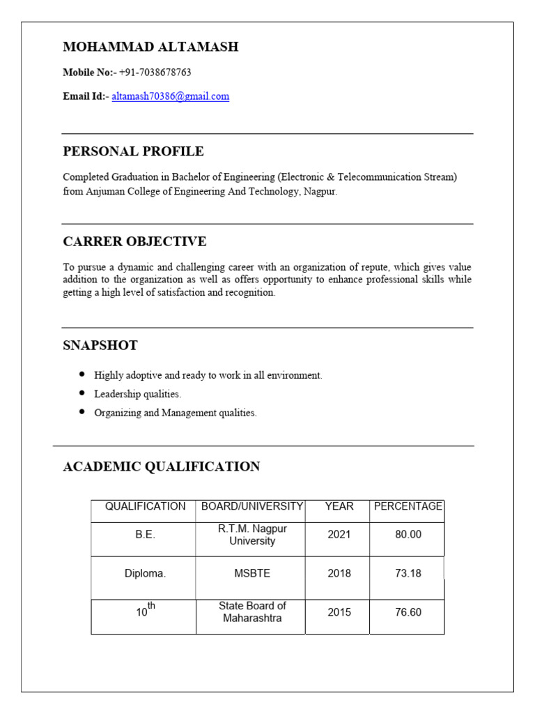 C.V of Mohammad Altamash | PDF