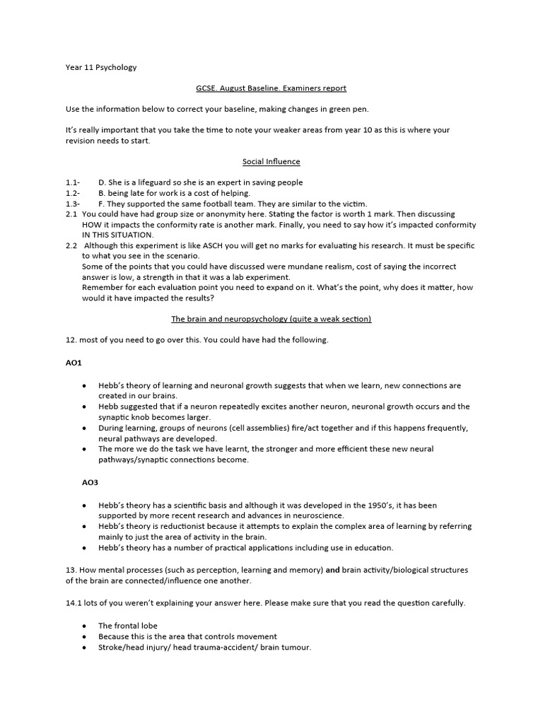 Year 11 Psychology Baseline Examiners Report | PDF | Psychology ...