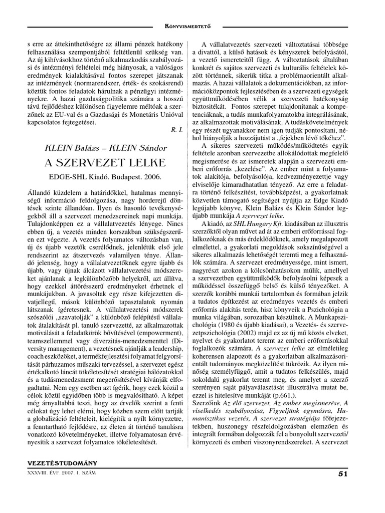 A Szervezet Lelke: Klein Balázs - Klein Sándor | PDF