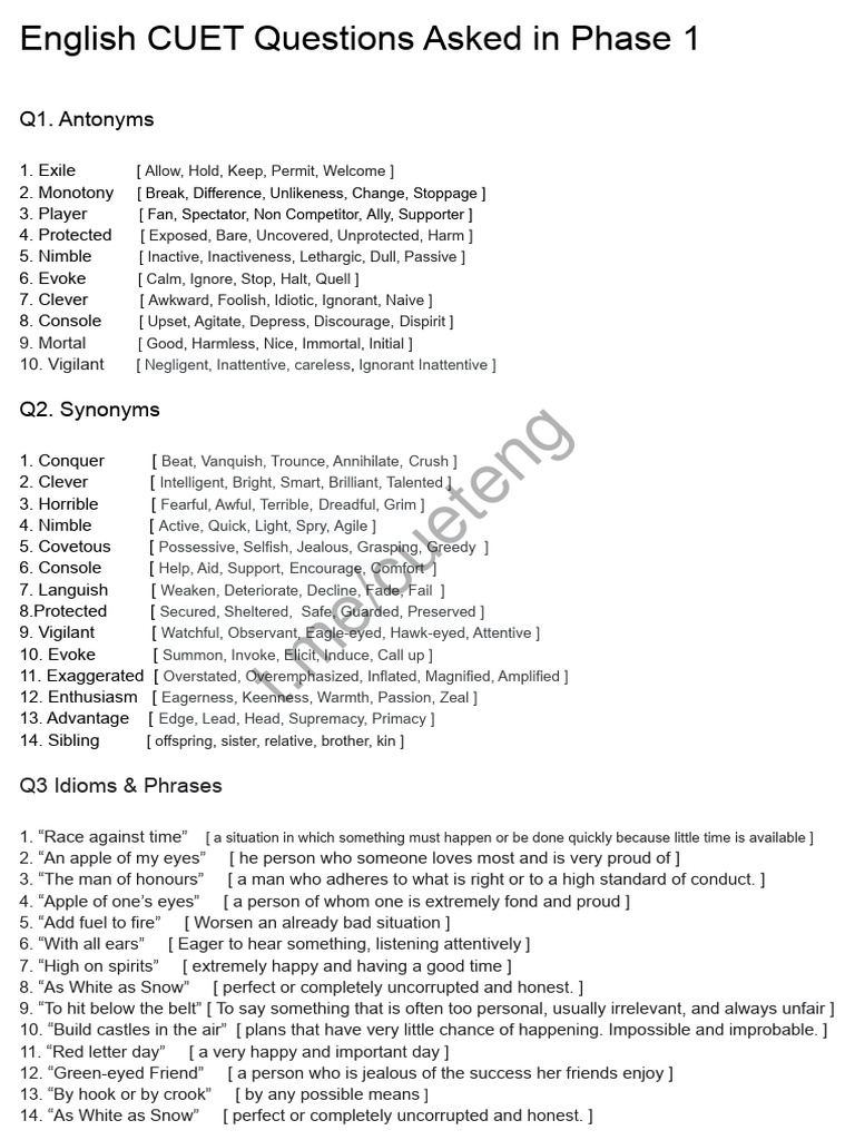 Cuet Phase 1 English | PDF | Language Arts & Discipline