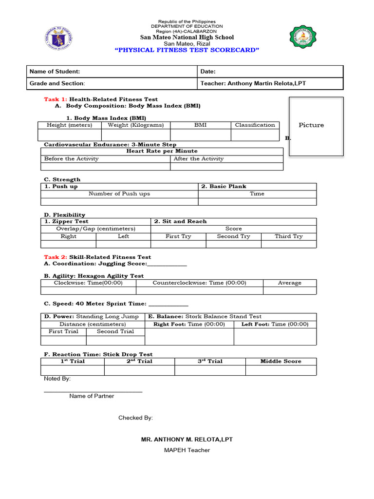 Grade 9 Q1"physical Fitness Test Scorecard" | PDF
