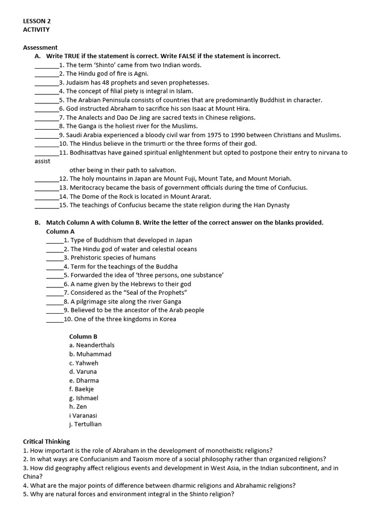 Lesson 2 Activity Iwrbs | PDF | Confucianism | God