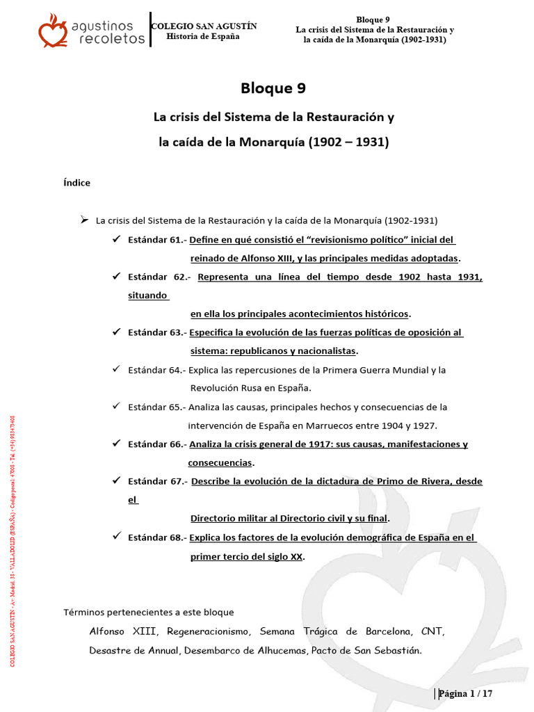 Bloque 9 La Crisis Del Sistema de La Restauración y La Caída de La Monarquía (1902-1931) | PDF ...