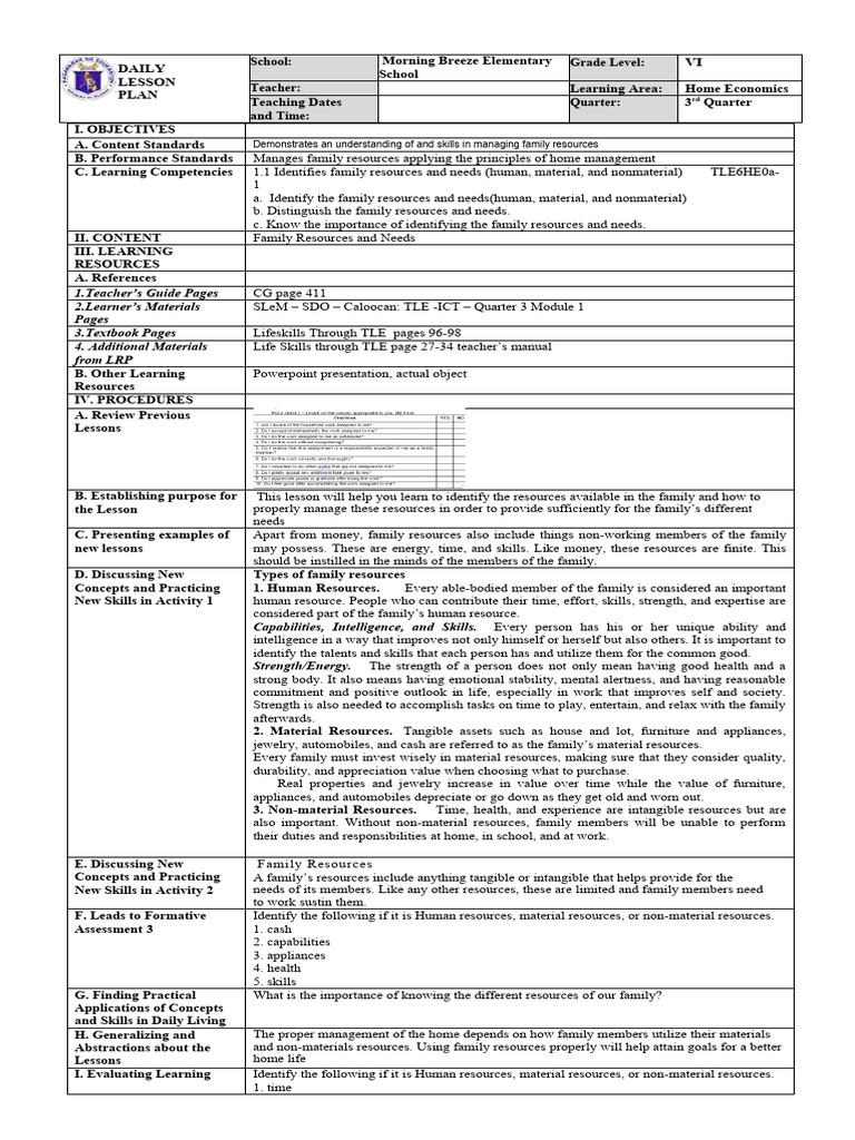 Grade 6 Home Economics Lesson Plan | PDF | Learning | Teachers
