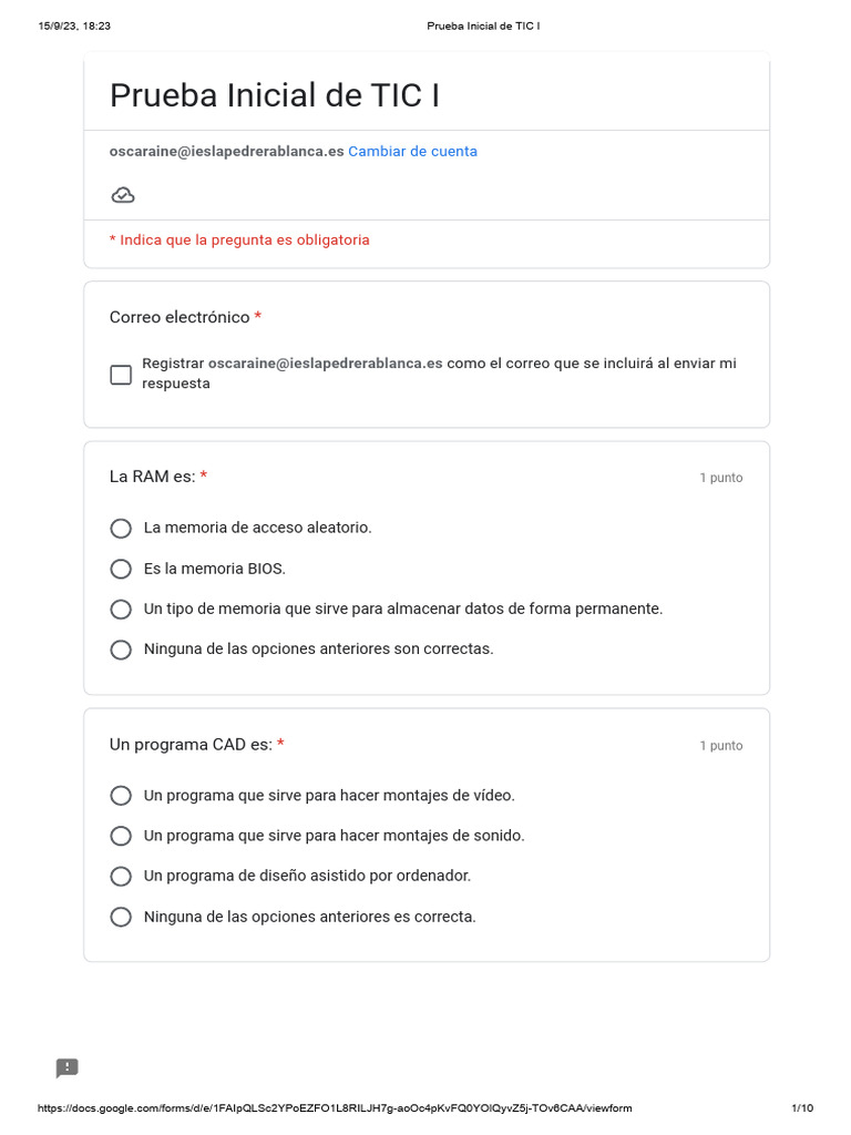 Prueba Inicial de TIC I | PDF | Periférico | Almacenamiento de datos de ...