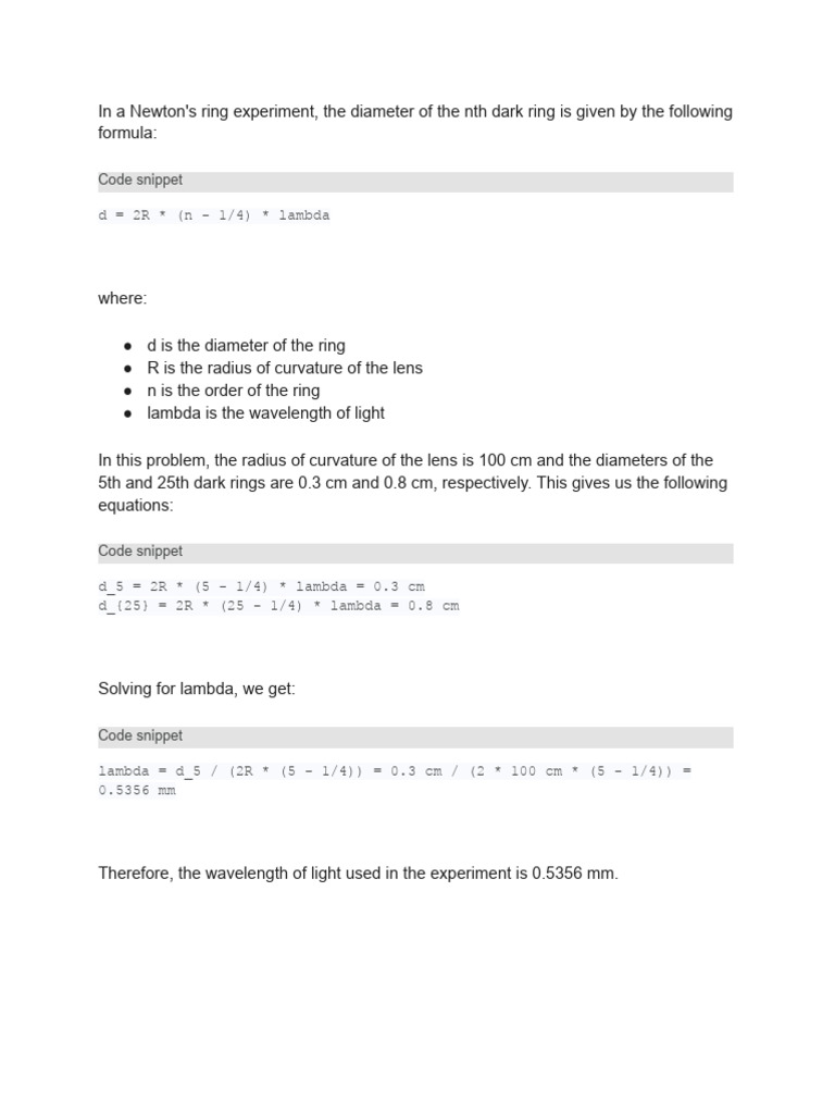 In A Newton Ring Experiment Diameter of 5th and 25th Ring Are 0.3 CM and 0.8 CM Then Find The ...