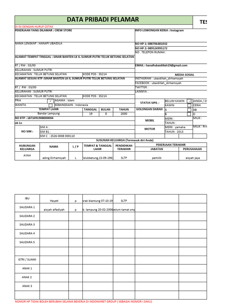 Data Pribadi Pelamar Indomaret | PDF