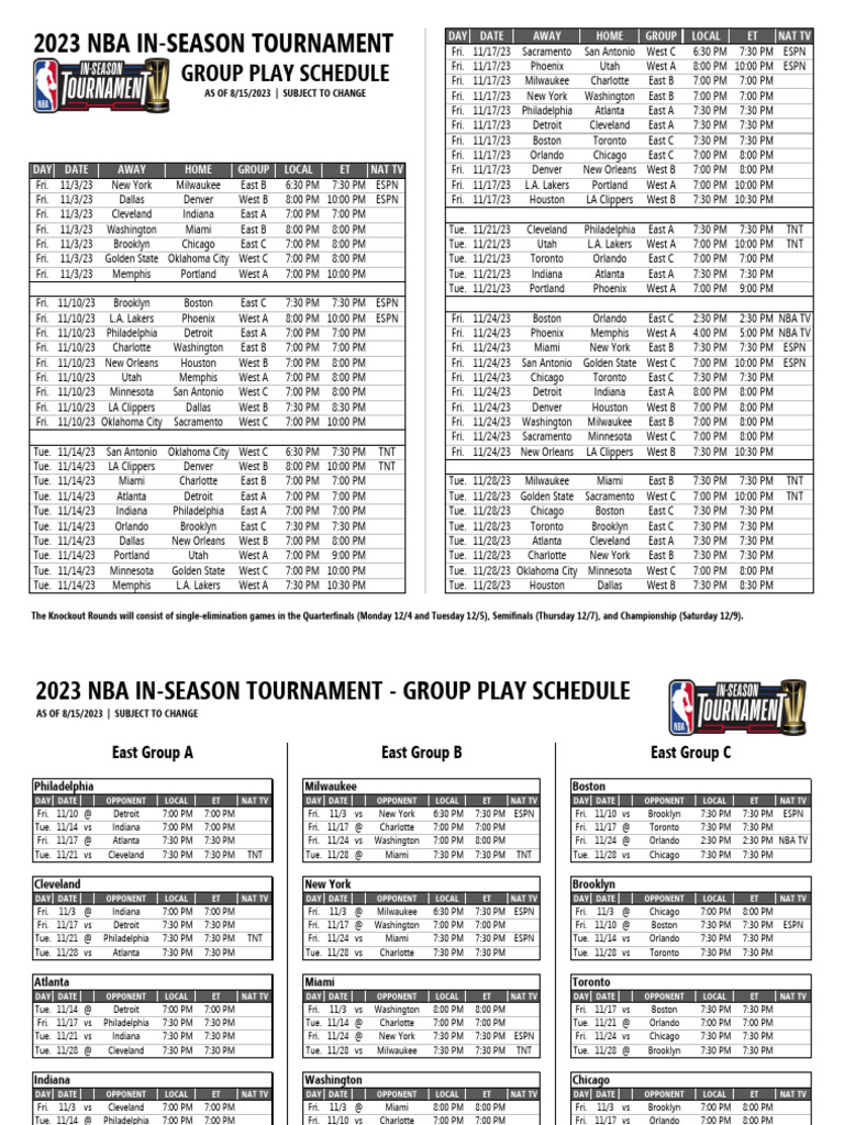 NBA in Season Tournament Schedule As of 8 15 23 PDF Los Angeles Lakers National Basketball Association
