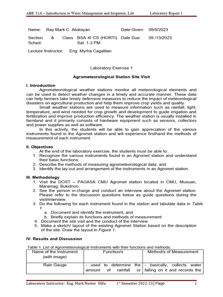 ABE 31A - Lab Exercise #1 (Agrometeorological Station Site Visit) | PDF | Precipitation | Rain