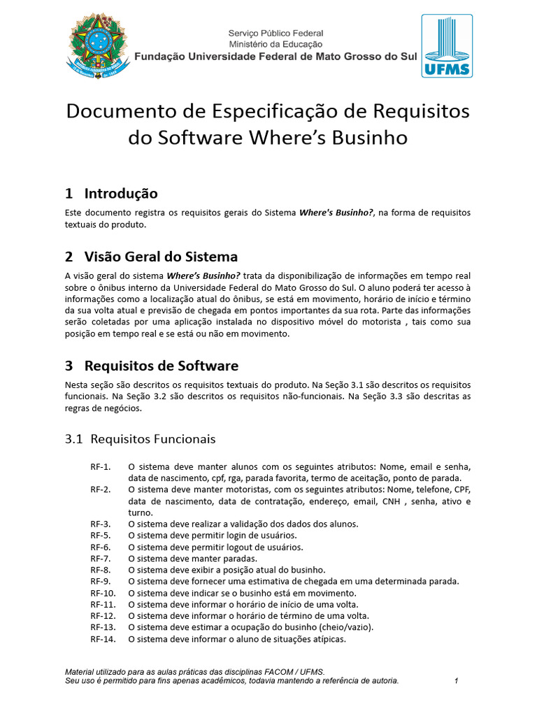 Documento de Especificação de Requisitos Do Software Where’s Businho ...