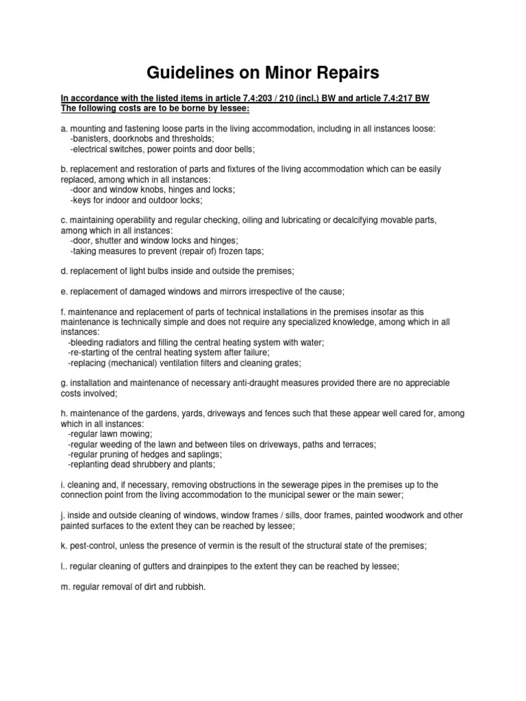 08 Guidelines On Minor Repairs NVM Afdeling Haaglanden 15 Juli 2013 | PDF