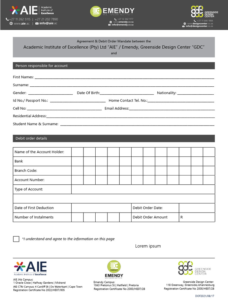 AIE GDC Emendy Debit Order Form V061222 | PDF | Payments | Banks