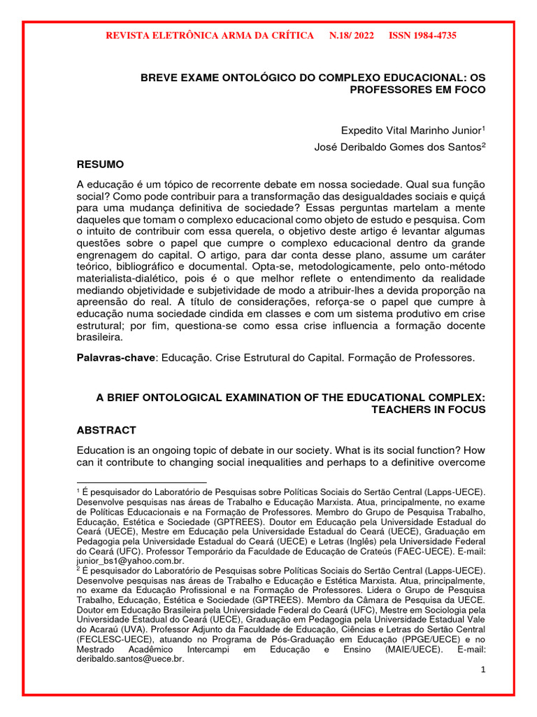 01 - Breve Exame Ontologico Do Complexo Educacional Os Professores em Foco | PDF | Sociologia ...