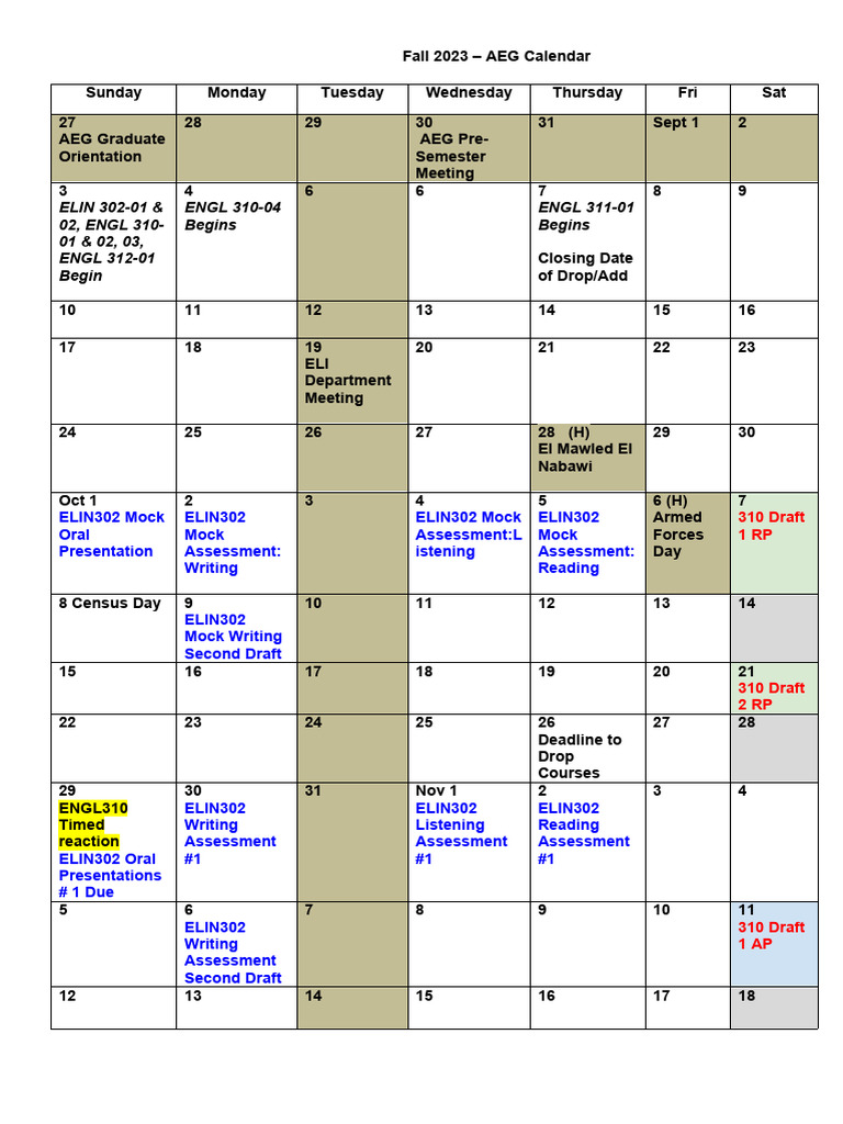 1b-AEG Calendar Fall 2023 For Students | PDF