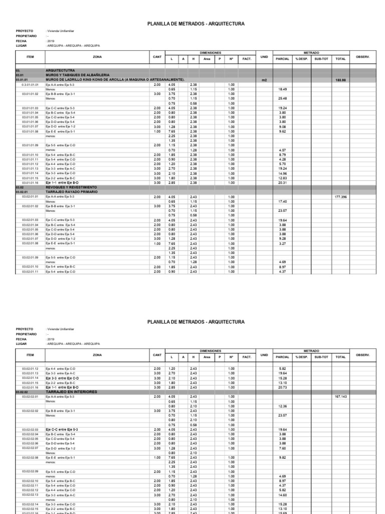 Planilla de Metrados - Arquitectura | PDF