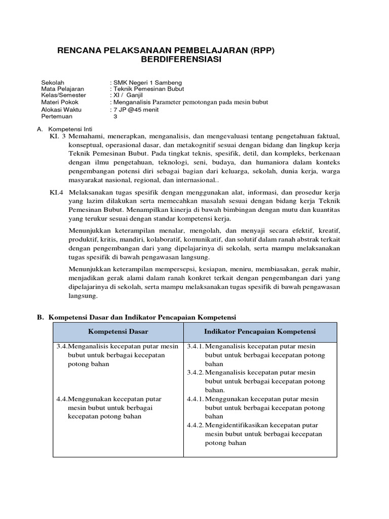 RPP Teknik Pemesinan SMK Negeri 1 Sambeng | PDF