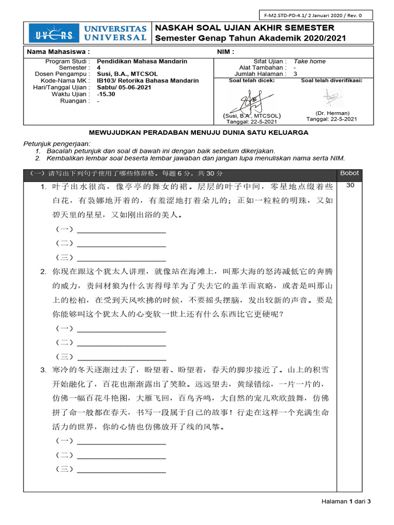 Soal UAS Genap Retorika Mandarin 19A 2021 | PDF