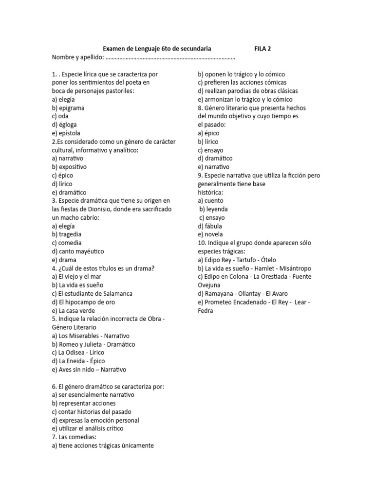 Examen de Lenguaje 6to FILA 2 | PDF