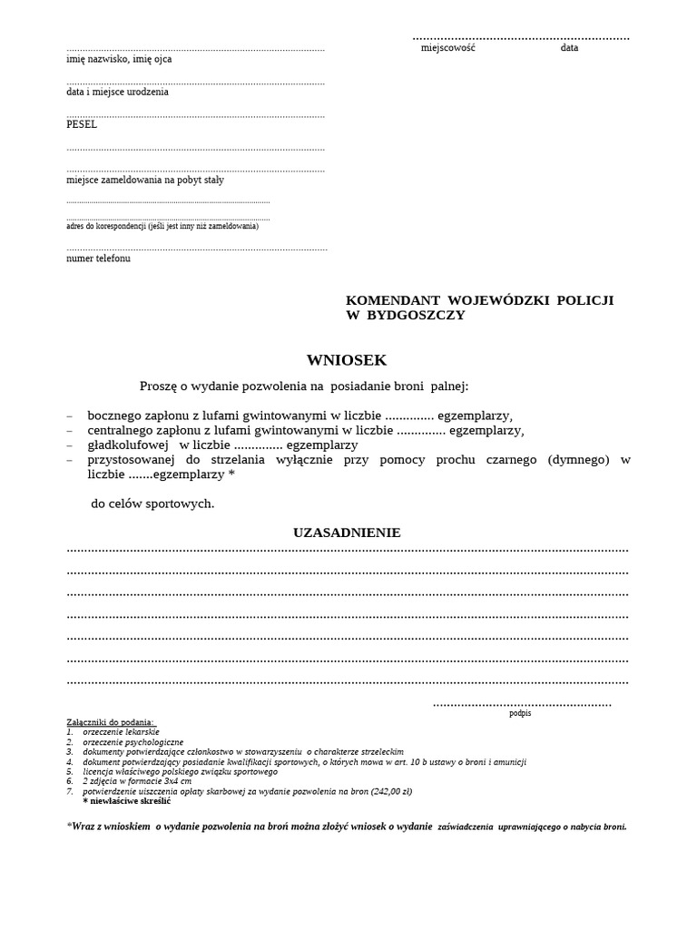 Wniosek o Wydanie Pozwolenia Na Bron Palna Sportowa | PDF