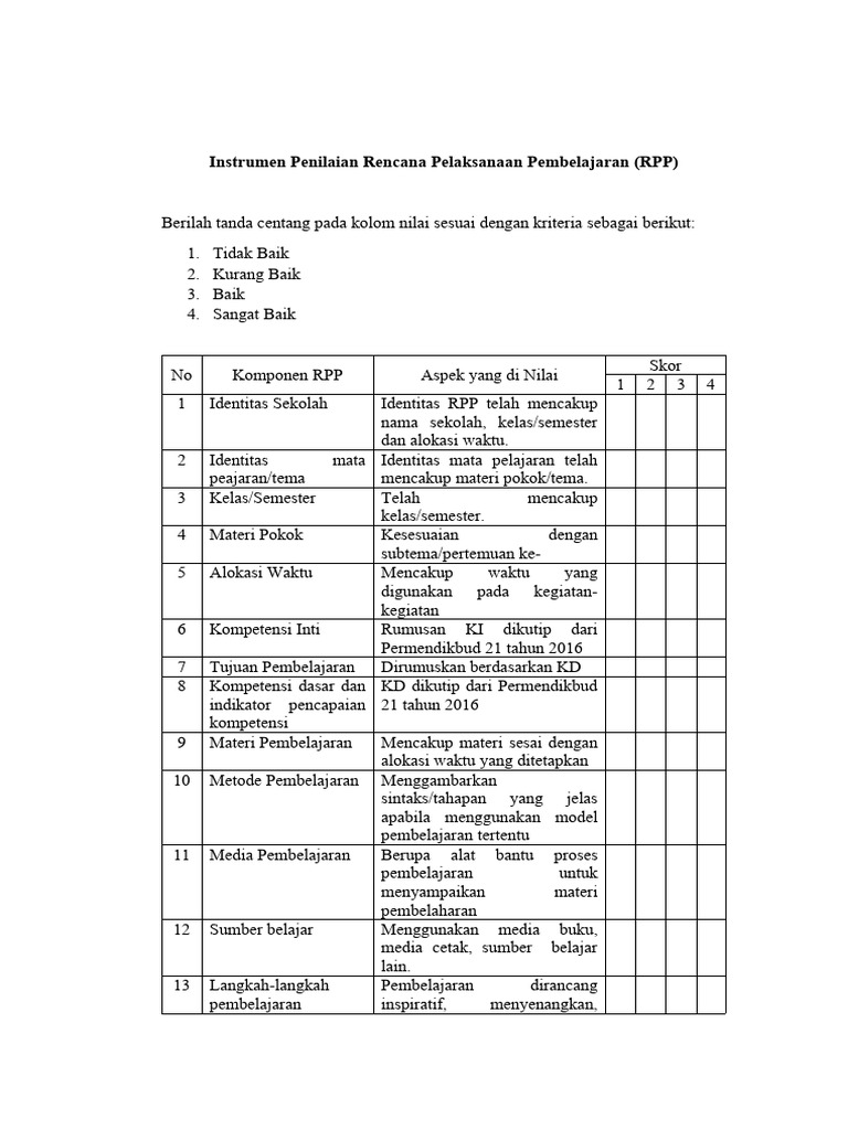 Instrumen Penilaian RPP Pembelajaran | PDF